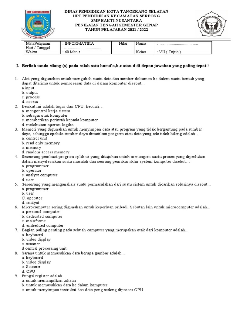 Soal PTS GENAP INFORMATIKA Kelas 7 | PDF