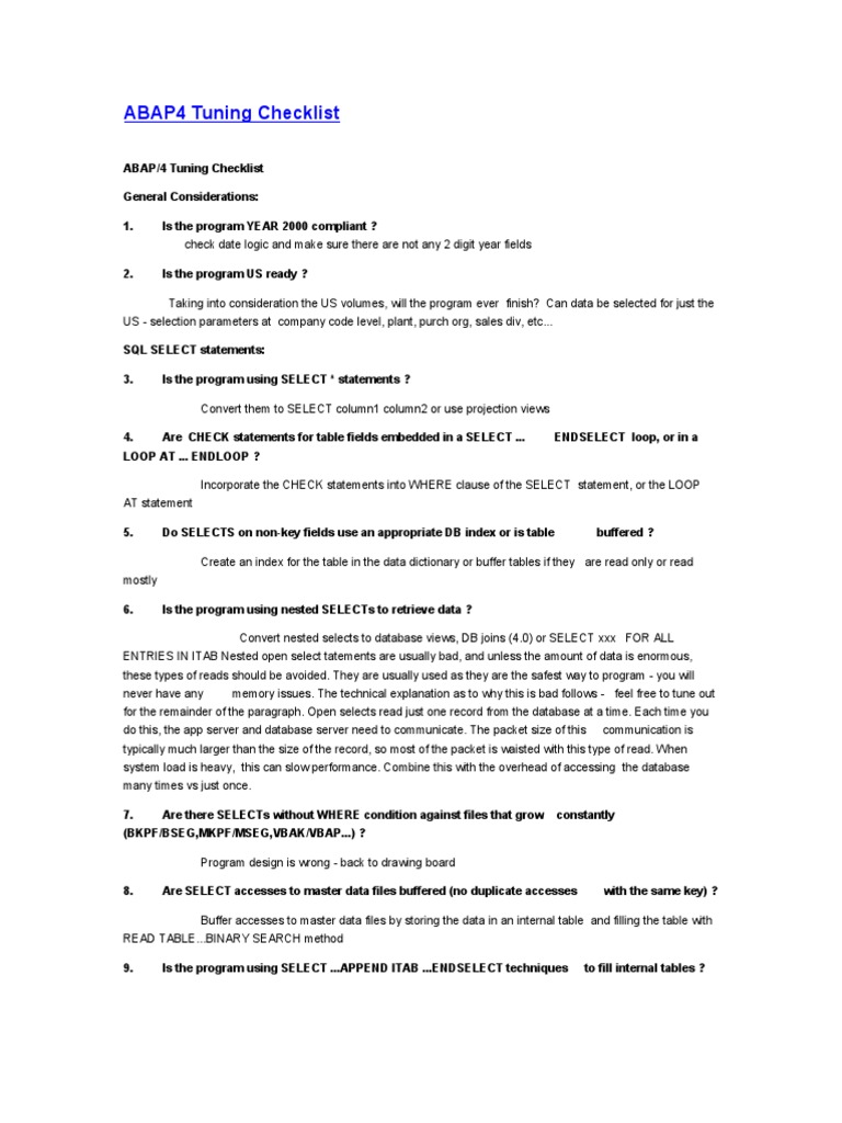 Abap4 Tuning Checklist Pdf Database Index String Computer Science 