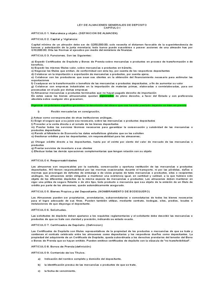 Ley de Almacenes Generales de Deposito | Descargar gratis PDF | Pagos