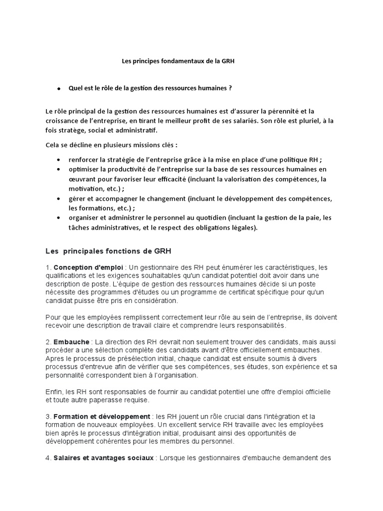 Les Principes Fondamentaux de La GRH | PDF | Gestion des ressources humaines | Business
