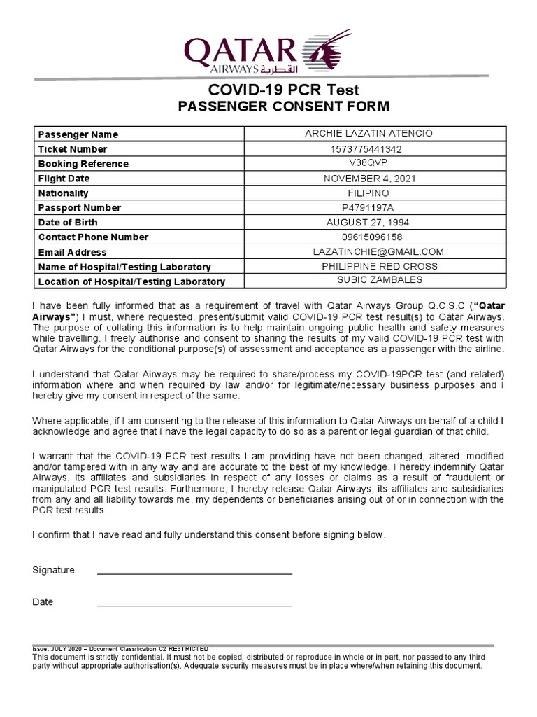 COVID-19 PCR Test: Passenger Consent Form | PDF | Consent