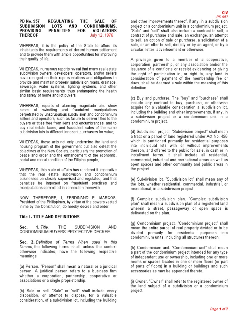 PD 957 | PDF | Mortgage Law | Condominium