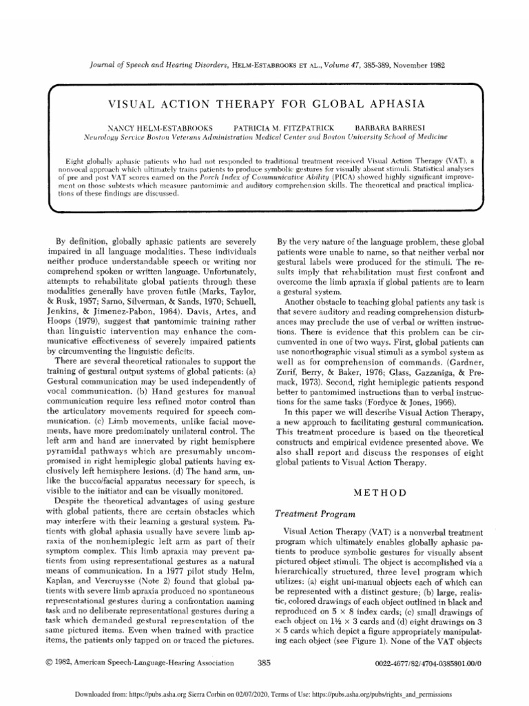 Visual Action Therapy For Global Aphasia VAT | PDF | Aphasia | Cerebral ...
