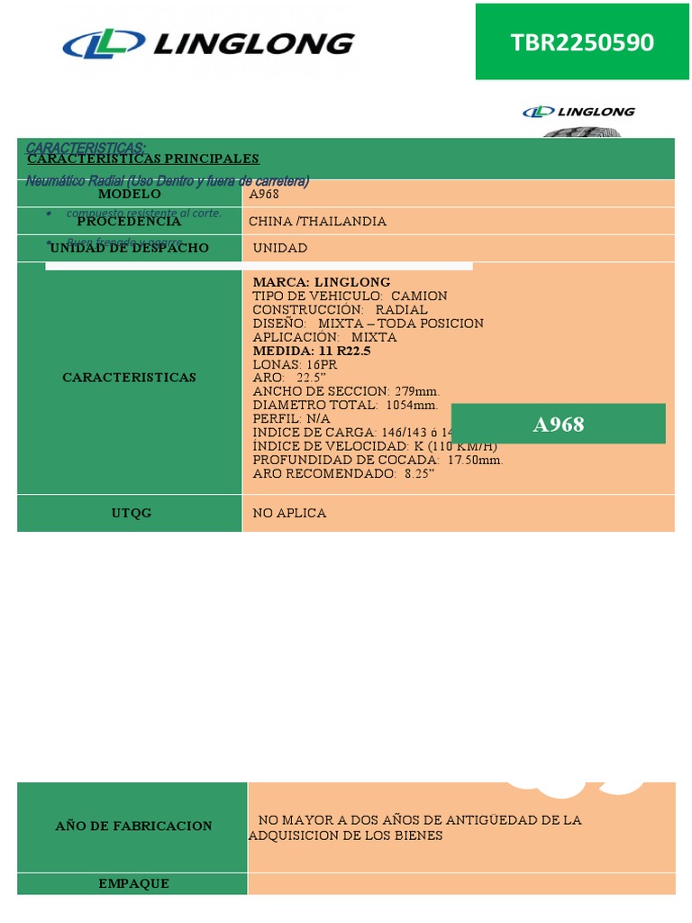 Ficha Técnica Neumático Linglong A968 | PDF | Neumático | Camión