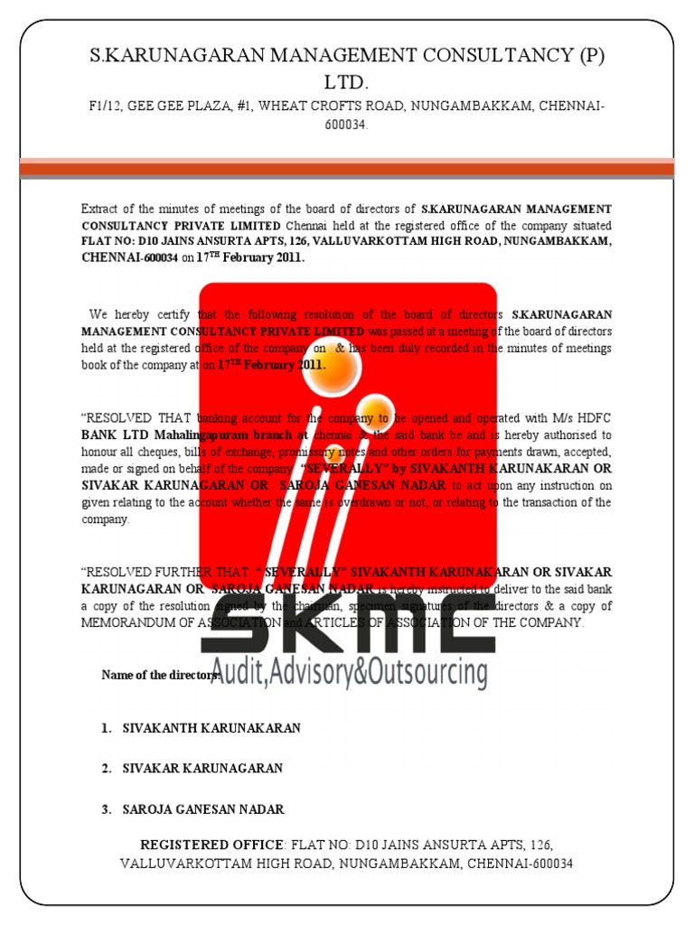 Board Resolution For Bank Account Opening | PDF | Career & Growth