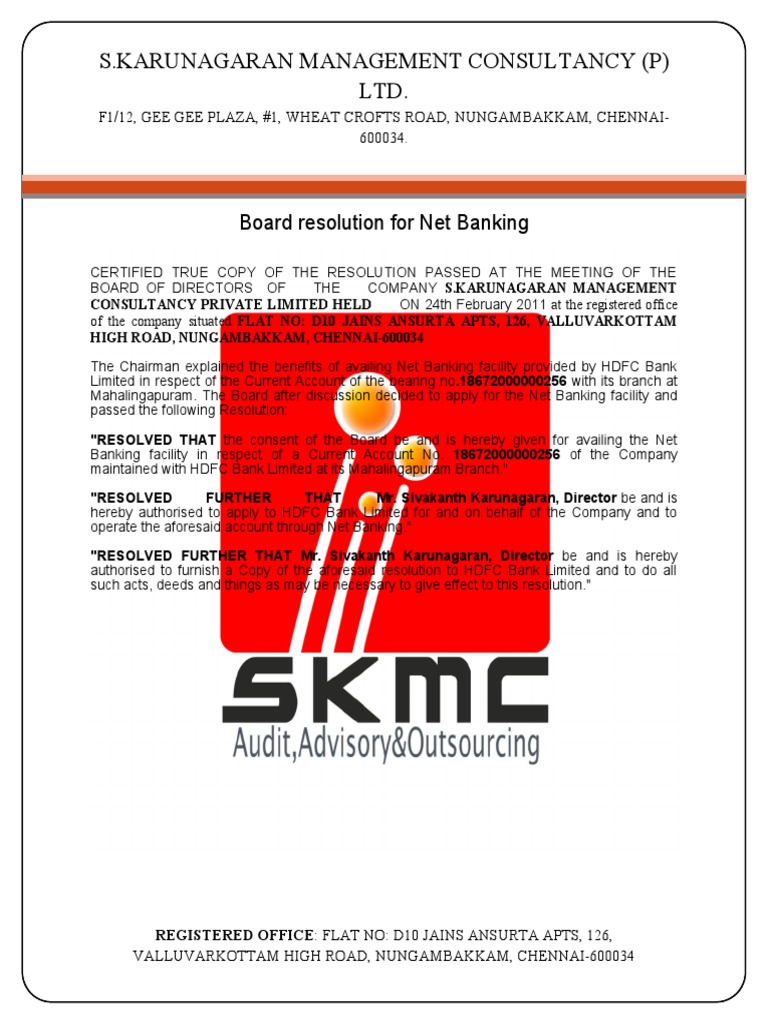 Board Resolution For Net Banking | PDF