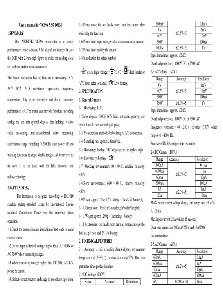 User's Manual For VC99+ 3 6/7 DMM 1.summary This AIDETEK VC99 ...