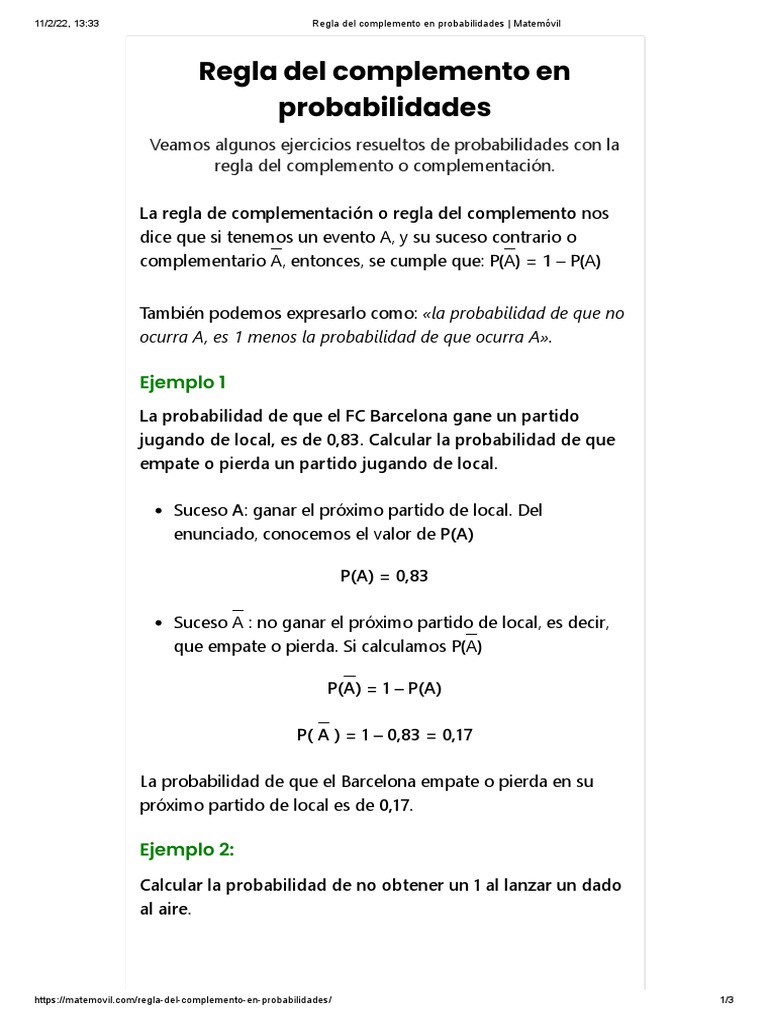 6.3 - Regla Del Complemento en Probabilidades - Matemóvil | PDF ...