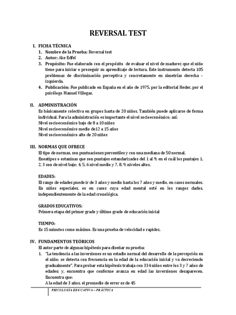 Reversal Test: Evaluación de Madurez Infantil | PDF | Sicología ...