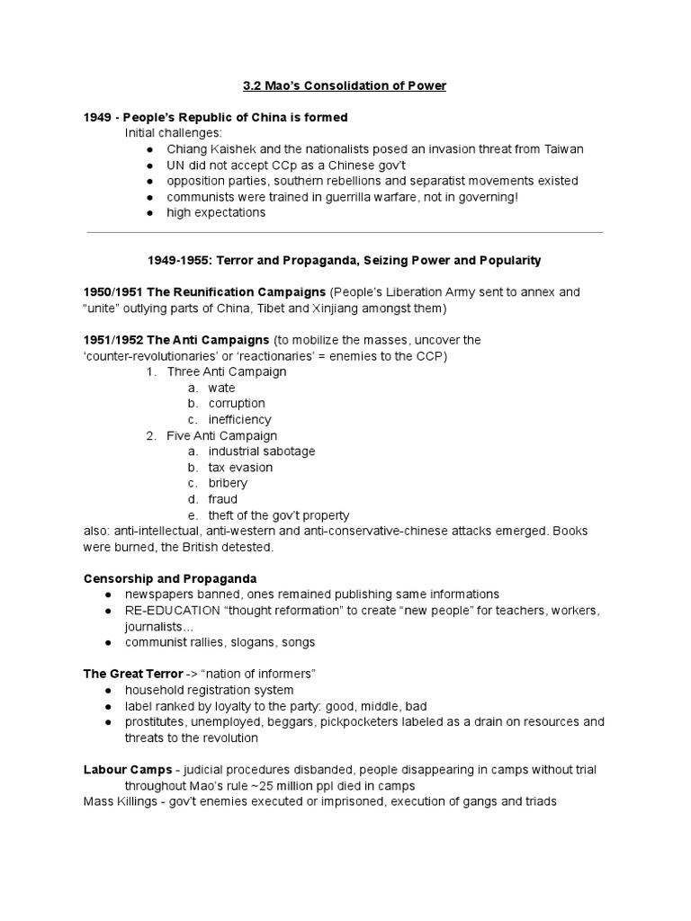 3.2 Mao's Consolidation of Powers History IB Notes | PDF | Mao Zedong ...