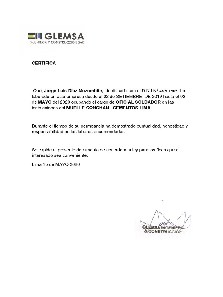 Certificación de Jorge Luis Diaz Mozombite | PDF | Derecho