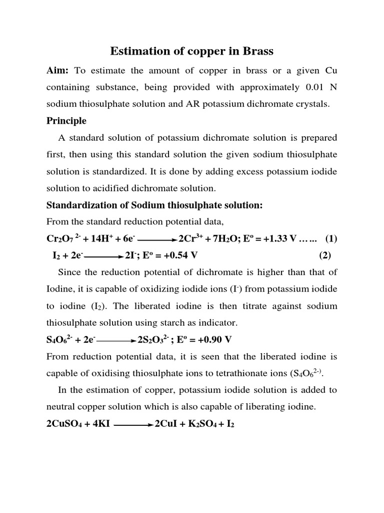 Estimation of Copper in Brass | PDF | Chemistry | Titration