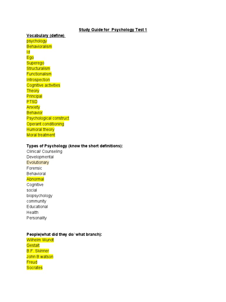 Psychology Test 1 Study Guide | PDF