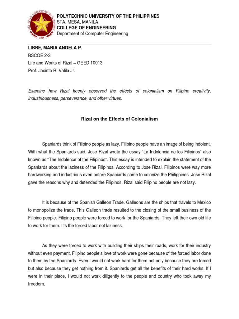 Rizal On The Effects of Colonialism | PDF | Philippines | Spanish Empire