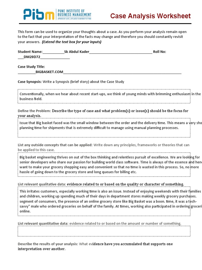 Case Analysis Worksheet | PDF | Thought | Grocery Store