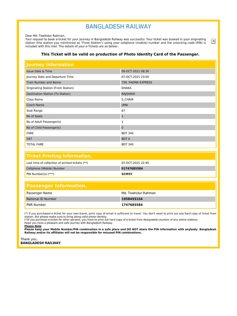 Bangladesh Railway e Ticket | PDF | Ticket (Admission) | Service Industries