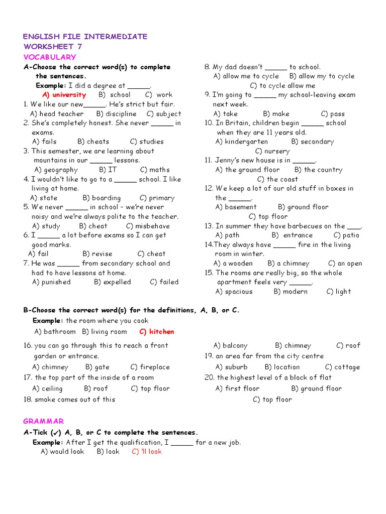 Vocabulary: English File Intermediate Worksheet 7 | PDF