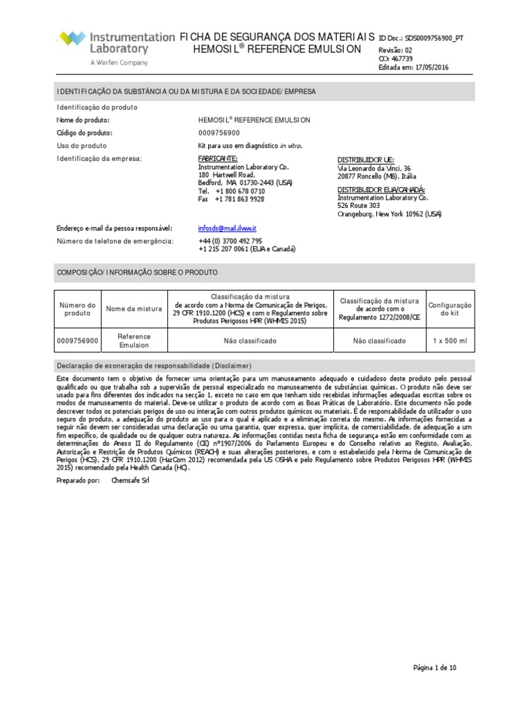 Werfen Medical - 00009756900 HemosIL Reference Emulsion - MSDS | PDF ...