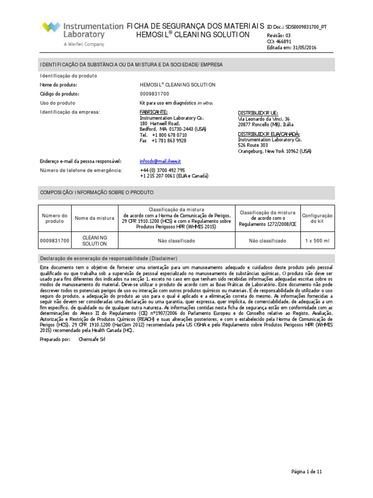 Werfen Medical - 00009831700 HemosIL Cleaning Solution (Clean A) - MSDS ...
