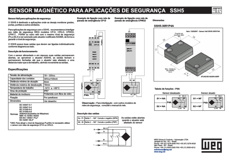 WEG Sensor Hall para Aplicacoes de Seguranca Ssh5 30r1p4a Ssh5 40r1p4a 10003679279 Manual ...