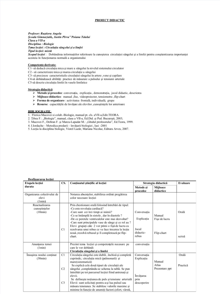 Dokumen - Tips - Proiect Didactic Circulatia Sangelui Viidocx 1 | PDF
