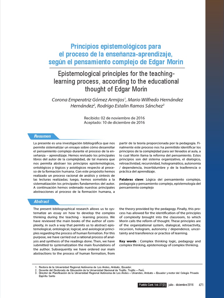 Principios epistemológicos para el proceso de la enseñanza-aprendizaje, según el pensamiento ...