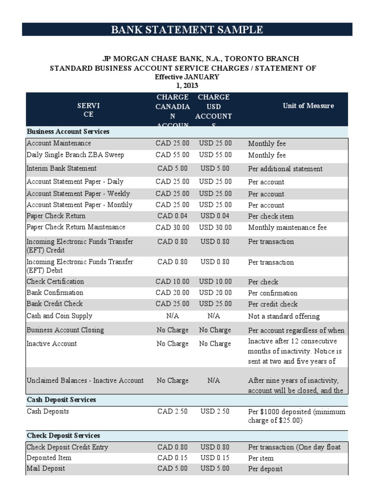 Bank Statement Sample: Servi CE Charge Canadia N Accoun Charge USD ...