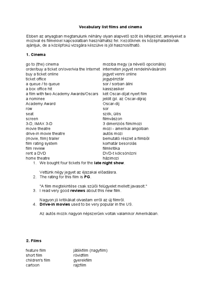 Vocabulary List Films and Cinema | PDF