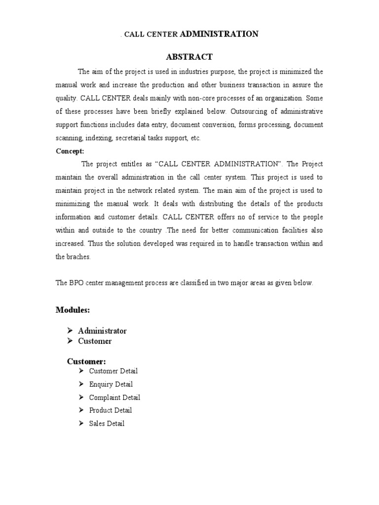 Synopsis - CALL CENTER ADMINISTRATION | PDF