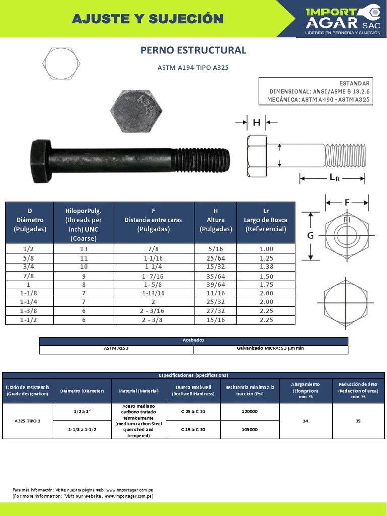 Ficha Técnica de Pernos A325 Galvanizados | PDF | Materiales de ...