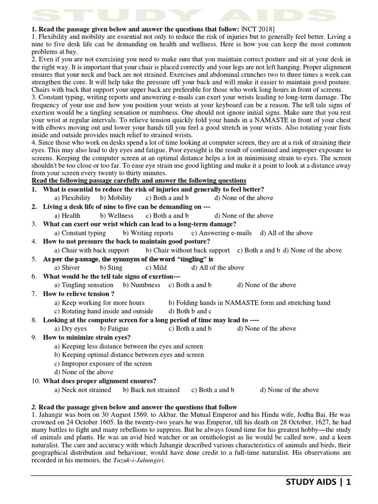 Study Aids - 1: 2. Read The Passage Given Below and Answer The ...