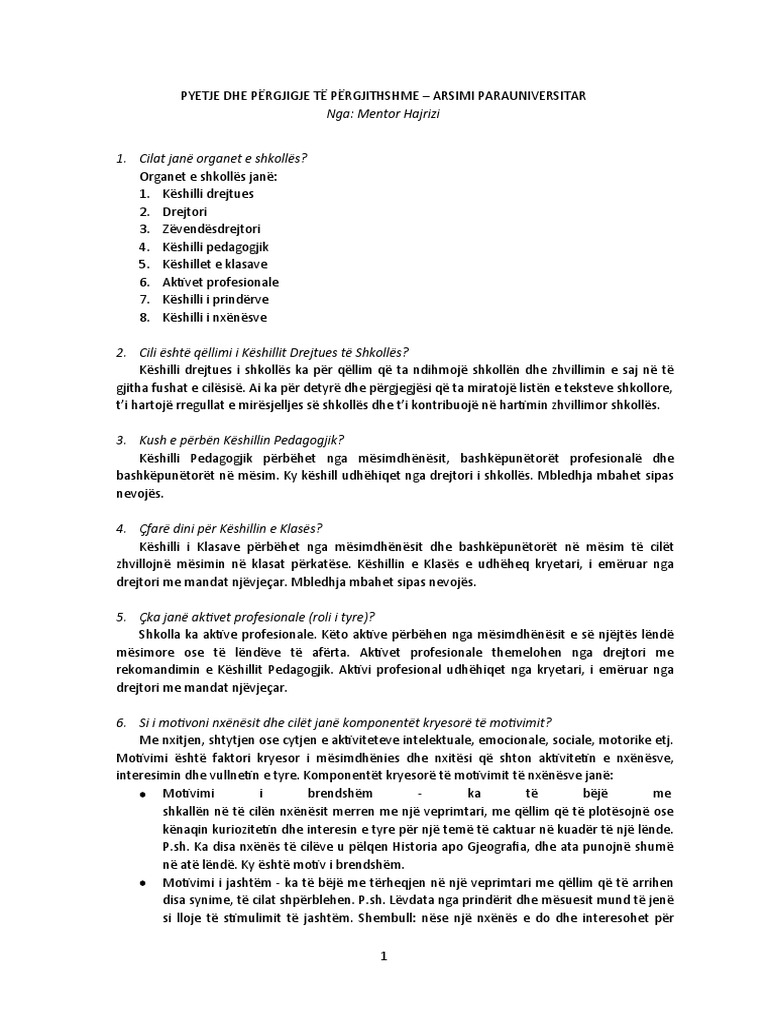 Pyetje Dhe Përgjigje Të Përgjithshme Arsimi Parauniversitar | PDF