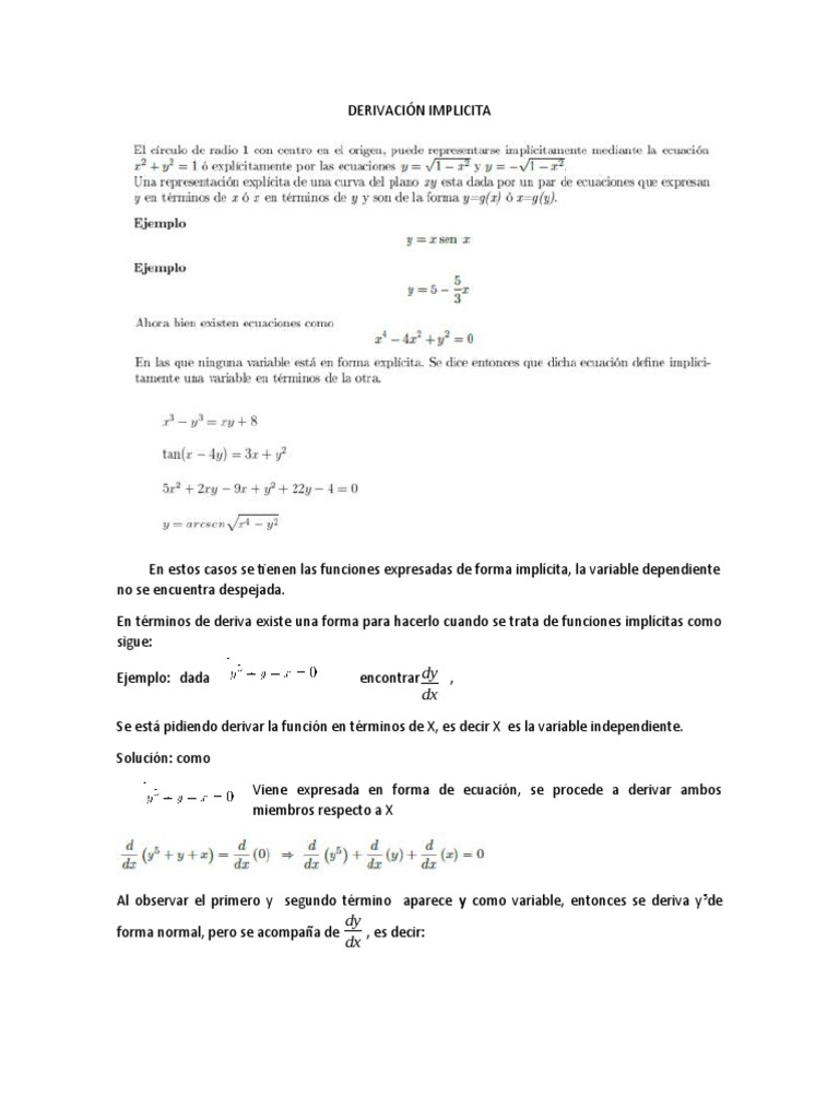 Derivación Implícita: Métodos y Ejemplos | PDF | Derivado | Función ...