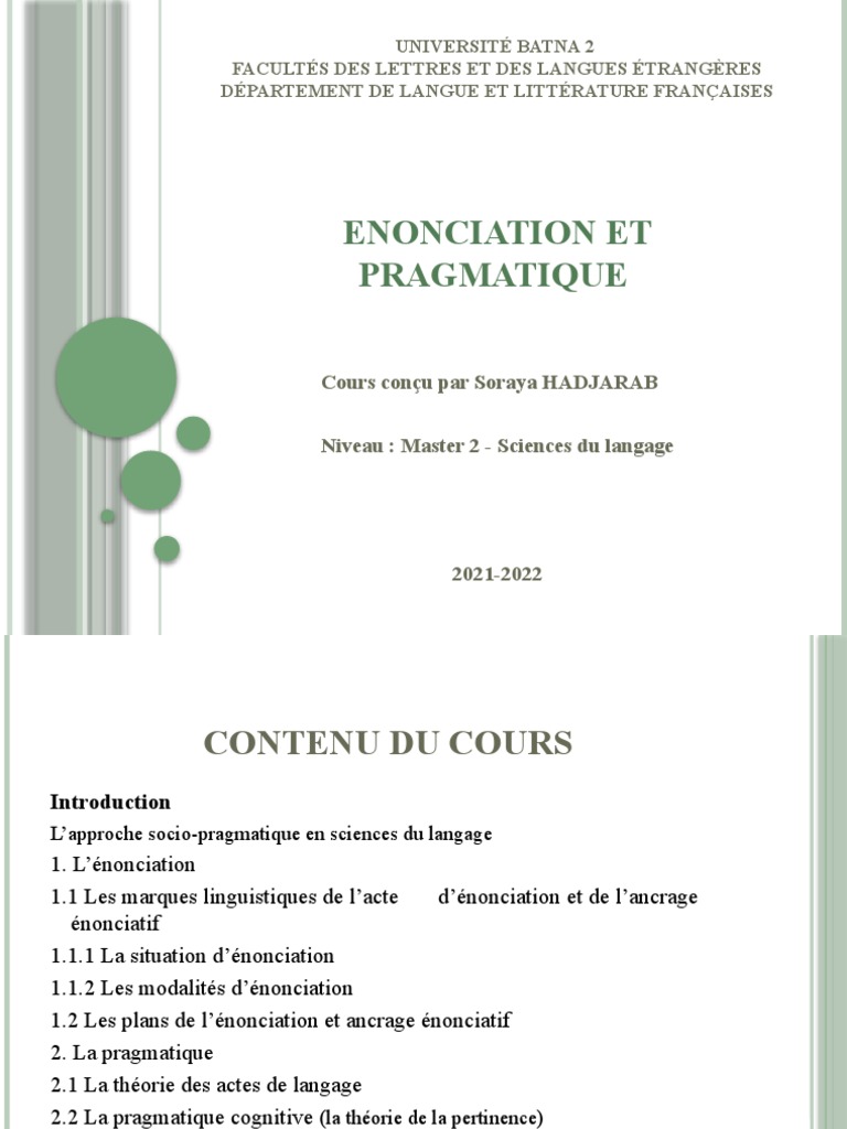 Énonciation et Pragmatique en Langage | PDF | Mécanique du langage ...