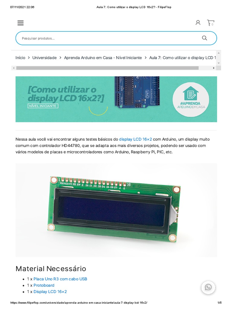 Aula 7 - Como Utilizar o Display LCD 16x2 - FilipeFlop | PDF | Arduino ...