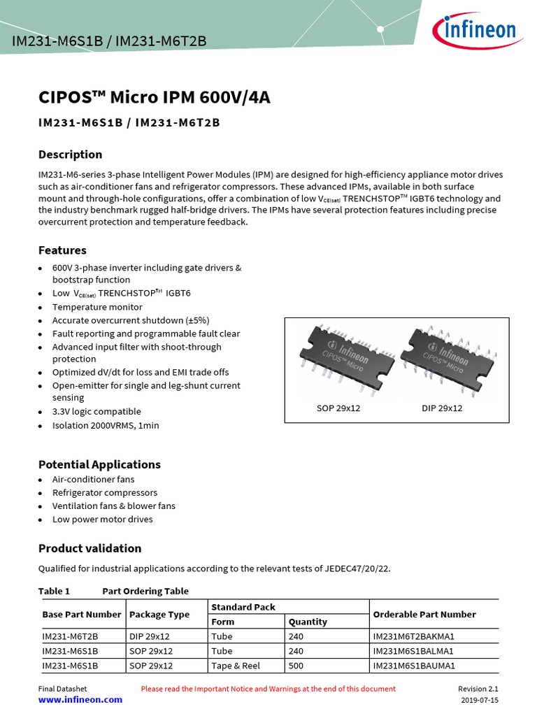 CIPOS™ Micro IPM 600V/4A: IM231-M6S1B / IM231-M6T2B | PDF | Electrical ...