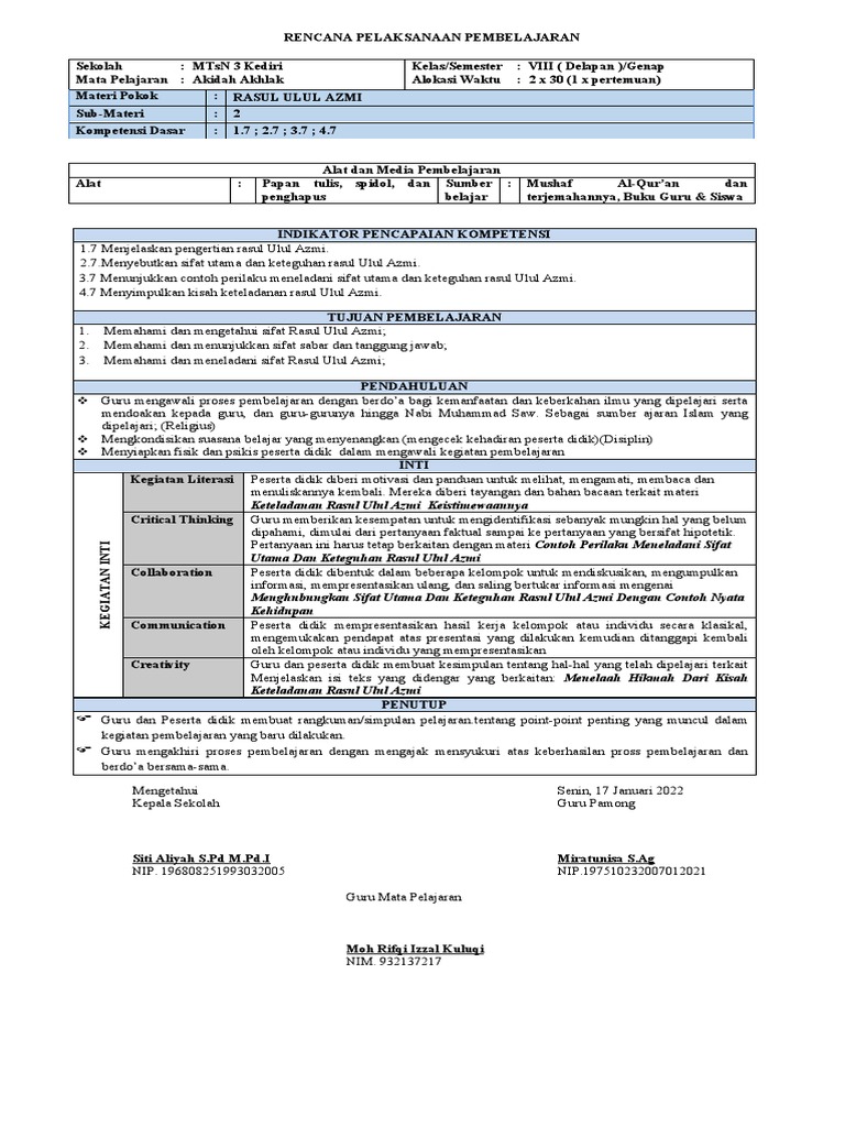 RPP Akidah Akhlak Kelas VIII | PDF | Sains & Matematika