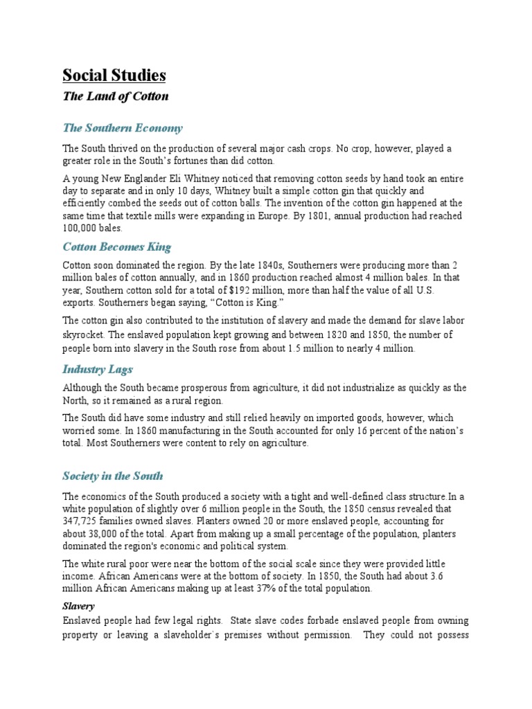 Social Studies: The Land of Cotton | PDF | Slavery In The United States ...