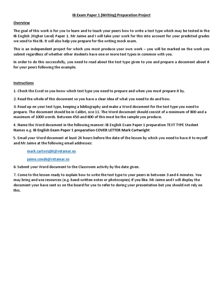 IB English Exam Paper 1 Preparation COVER LETTER Mark Cartwright 14.02. ...