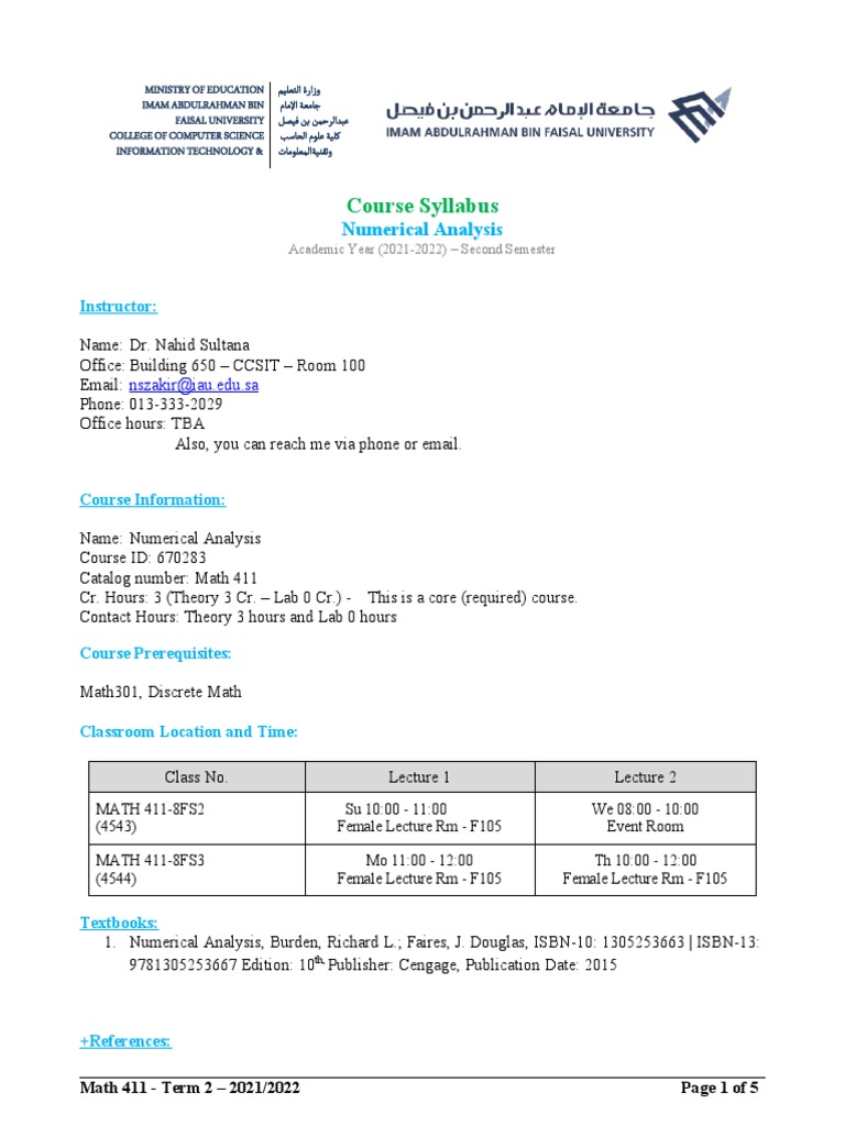 Numerical Analysis Course Syllabus for Imam Abdulrahman Bin Faisal ...