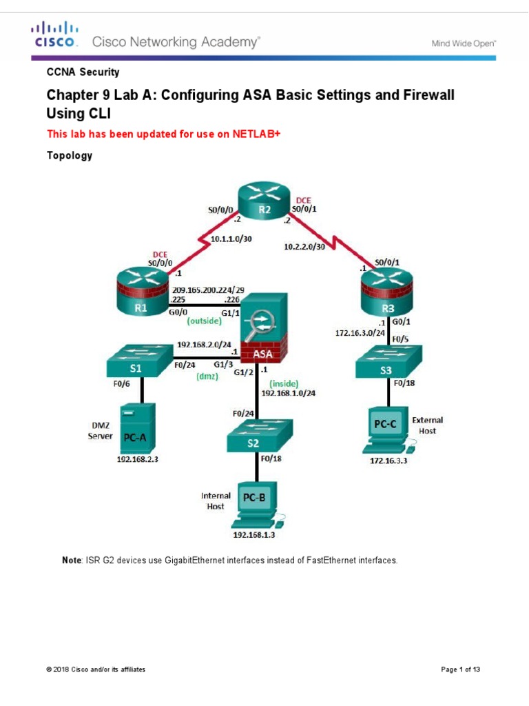 Chapter 9 Lab A: Configuring ASA Basic Settings and Firewall Using CLI | PDF | Router (Computing ...