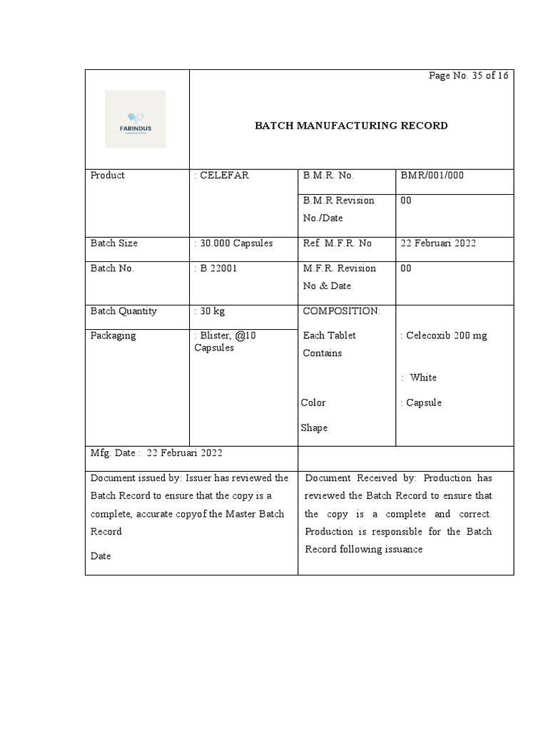 Celefar Batch Manufacturing Record | PDF | Pharmacology | Chemistry