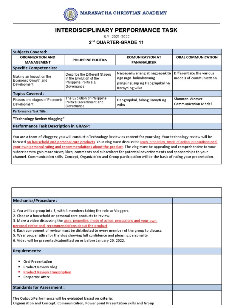 Interdisciplinary Performance Task: 2 Quarter-Grade 11 Subjects Covered ...