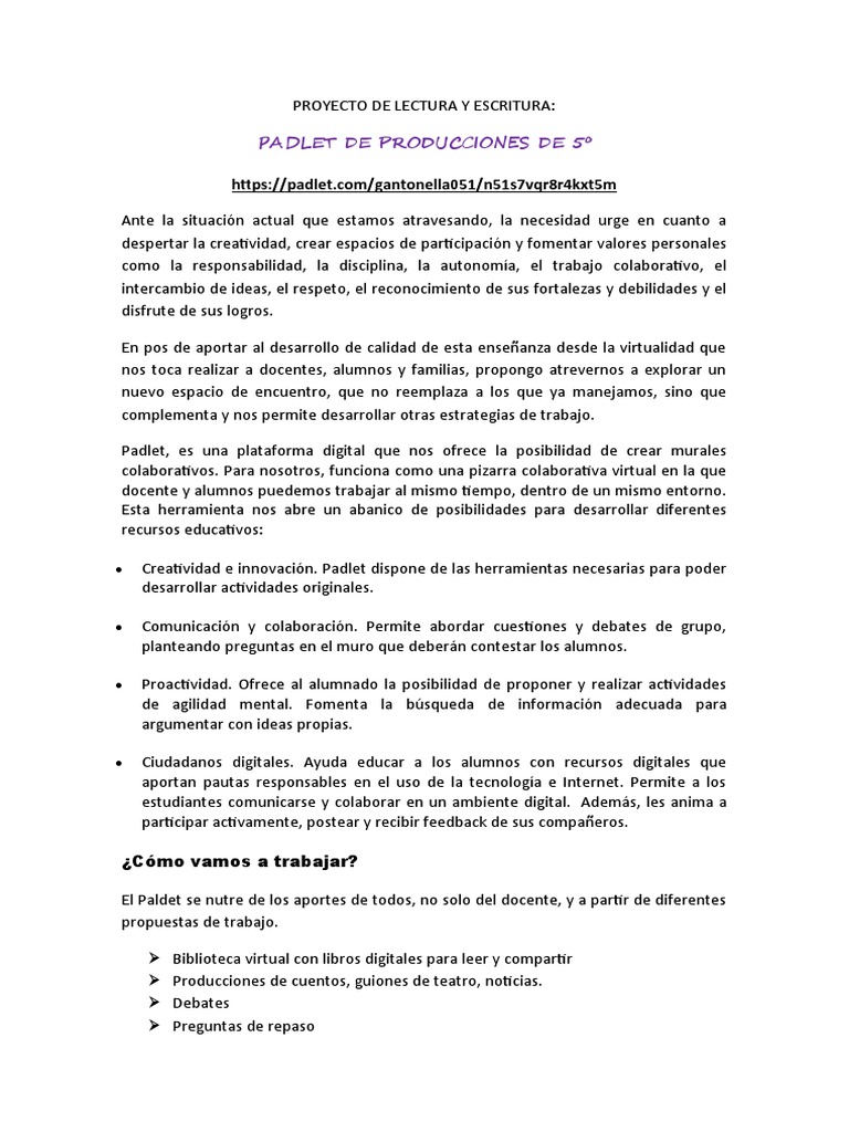 Proyecto de Escritura Colaborativa en Padlet | PDF | Maestros | Creatividad