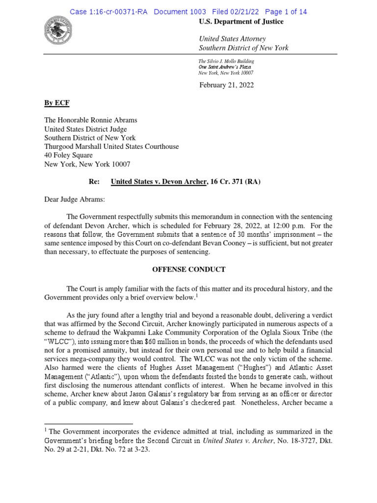 Devon Archer - Prosecution Sentencing Memo | PDF | United States ...