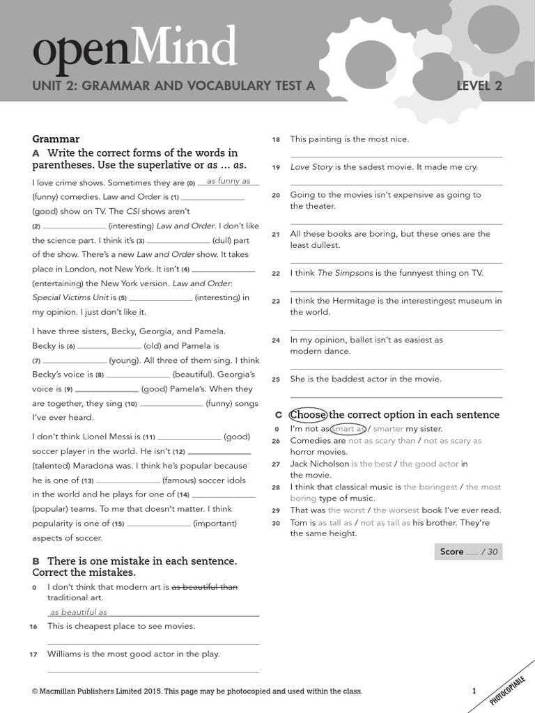 Level 2 Unit 2: Grammar and Vocabulary Test A | PDF
