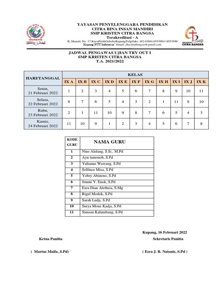 Jadwal Pengawas TryOut | PDF Jadwal Pengawas TryOut | PDF