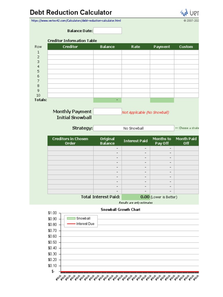 Debt Reduction Calculator: Balance Date: Creditor Information Table ...