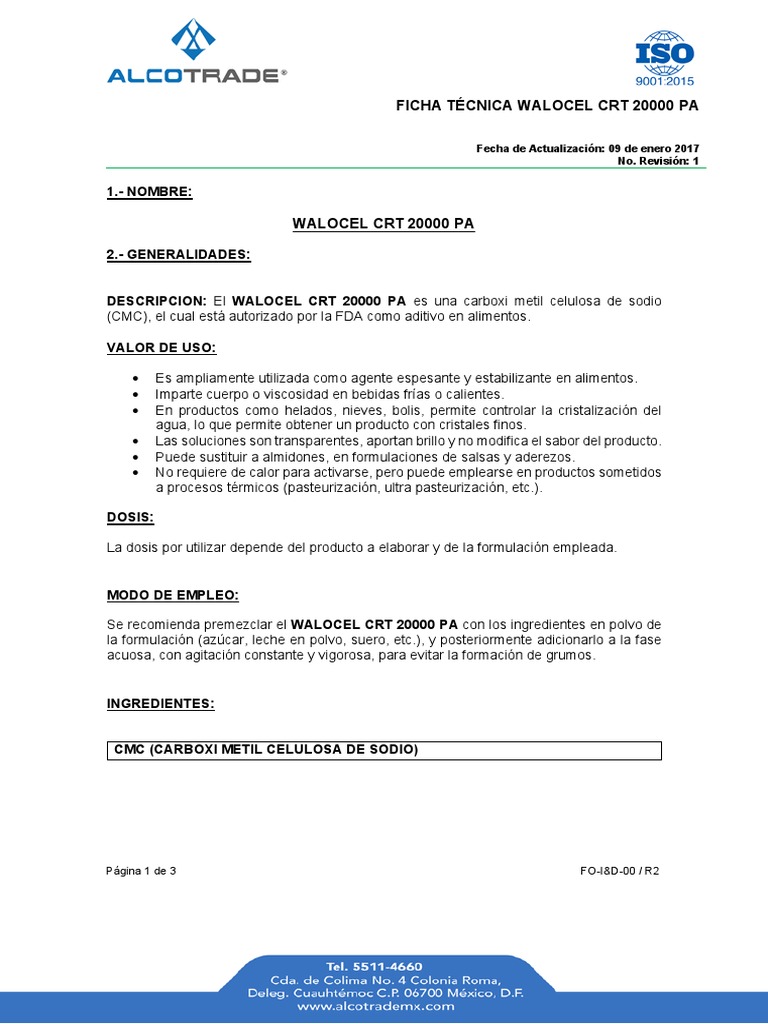 Ficha Tecnica Walocel CRT 20000 | PDF | Alimentos | Química