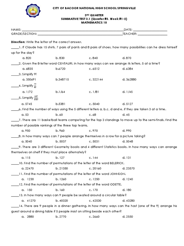 Summative Test 3.1 Math 10 | PDF | Permutation | Mathematics